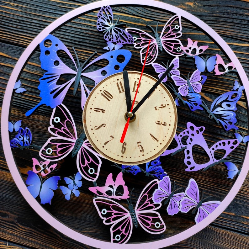 Pink and Purple Wall Clock Kitchen Nursery Home Decor Unique Gift Him ...