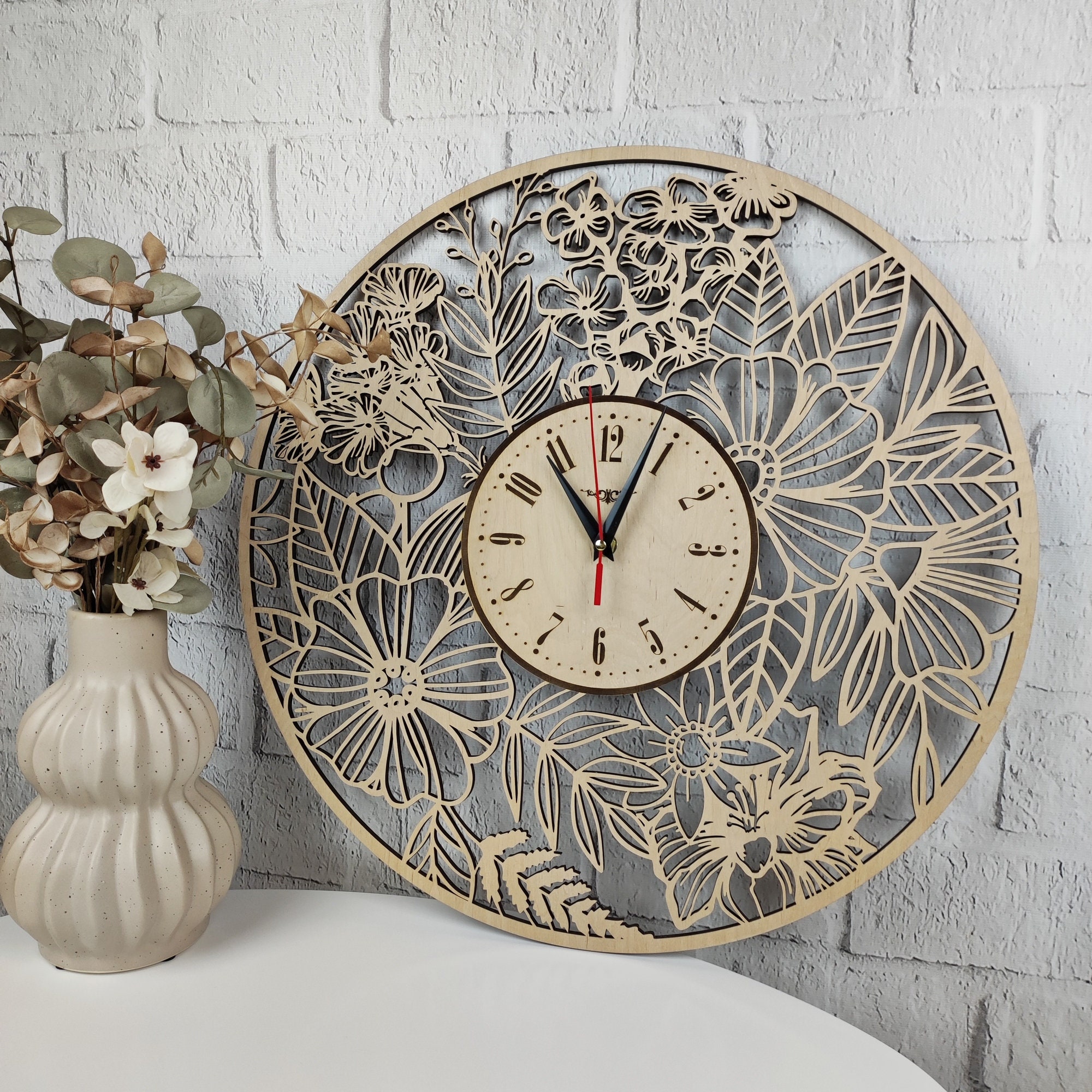 Extra Large Flowers Wall Clock Farmhouse Wood Decor Unique Gift Her ...