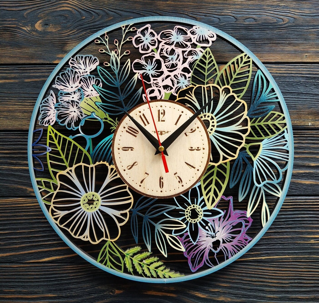 Colored Blue Flowers Wall Clock Battery Operated Best Floral Gift for ...