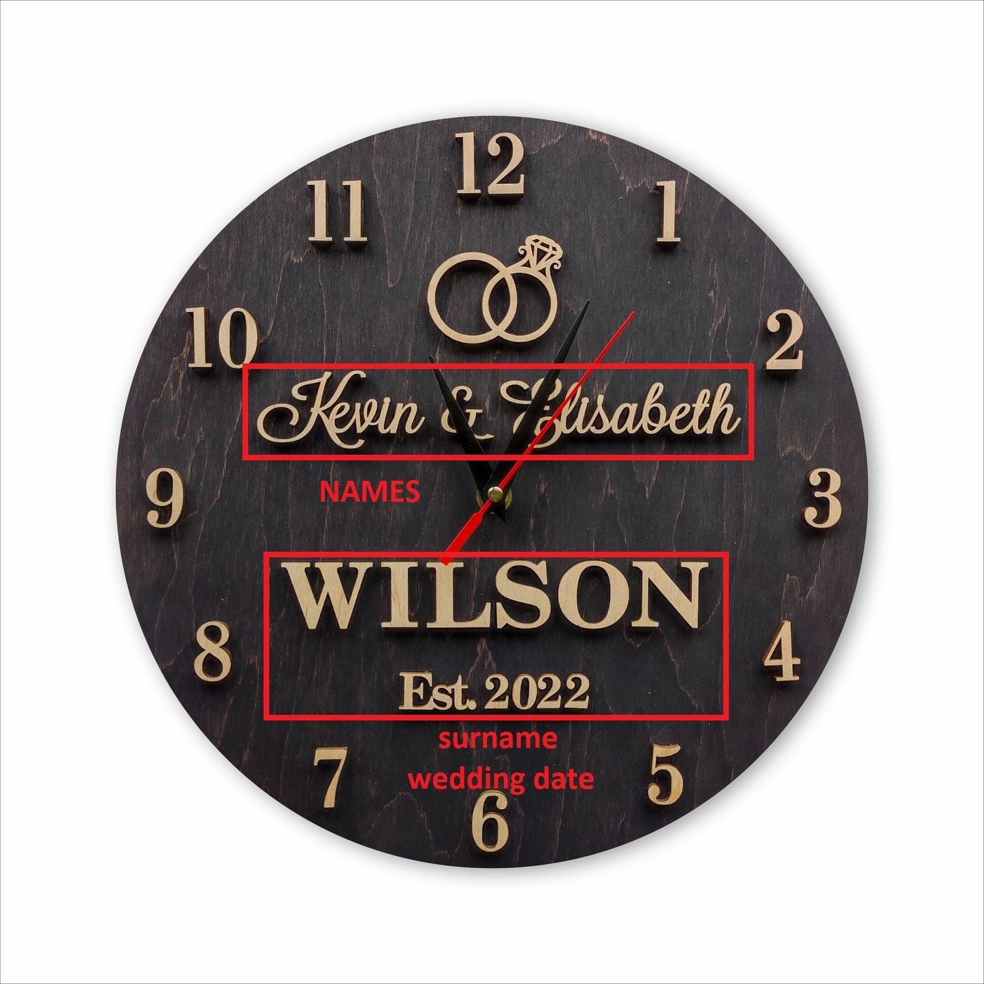 Large Family Name Sign Wall Clock With Coule Name Best 5th Anniversary ...