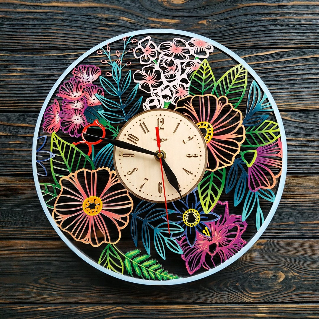 Pink Flowers Wall Clock Battery Operated Best Gift for Him Her Birthday ...