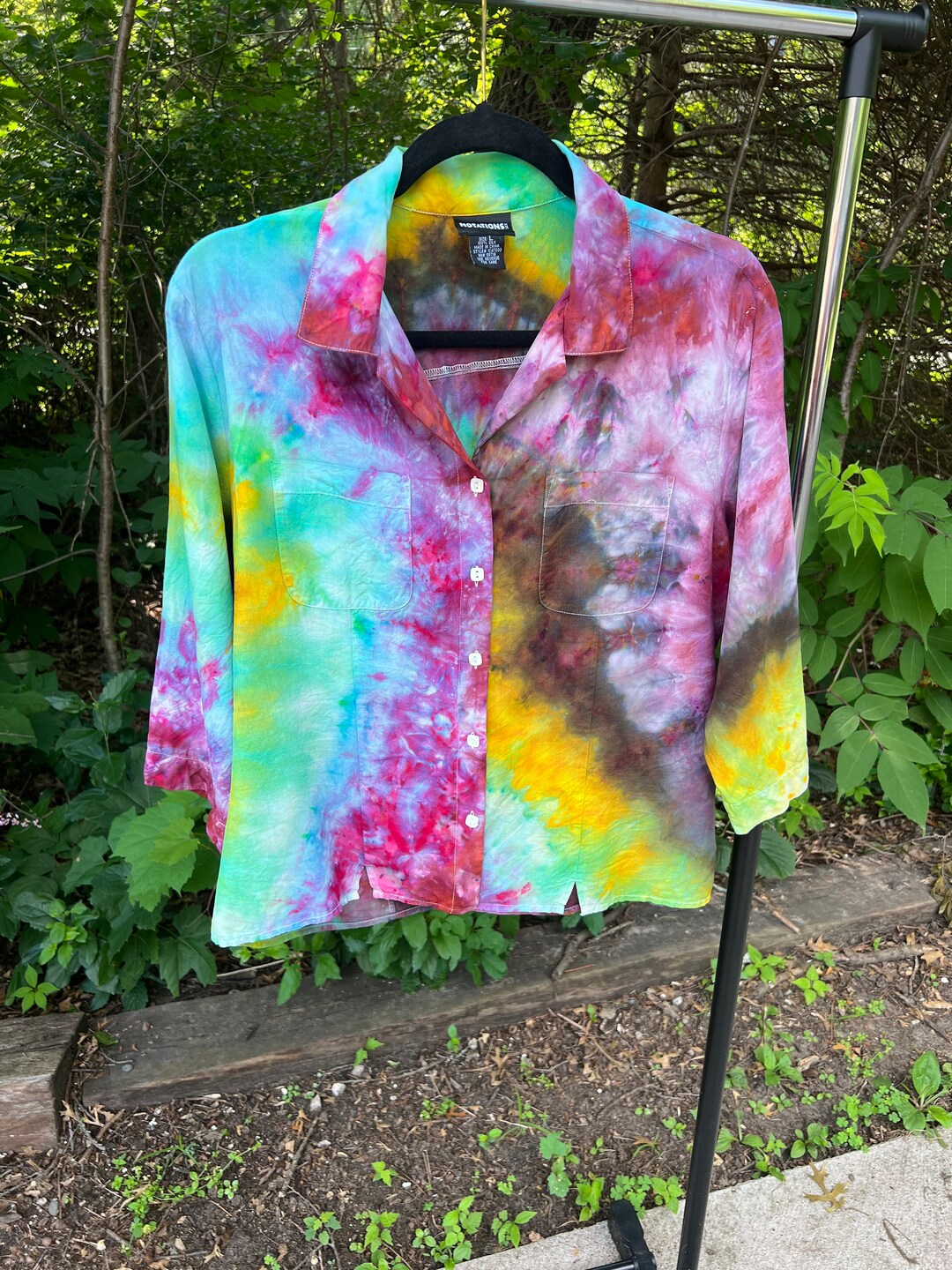 Upcycled Tie Dye Button-up, 100% Silk Blouse, Handmade Tie Dye, Ice Dye ...