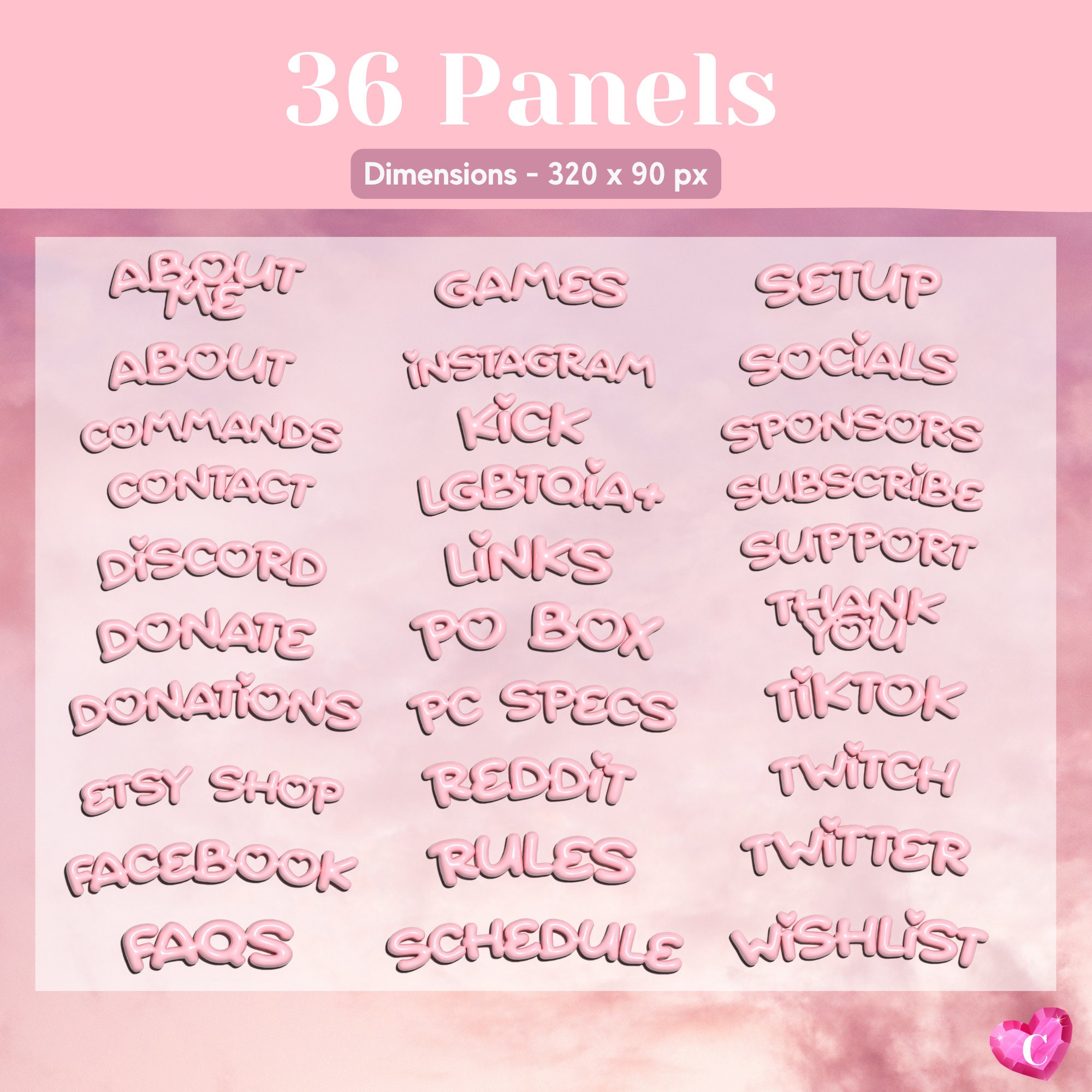 36 Pink Bubblegum 3D Puff Hearts Twitch Kick Panels for Channel ...