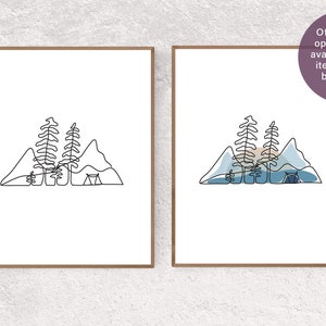 Trees Minimalist Single Line Art in Green, Forest and Mountains One ...