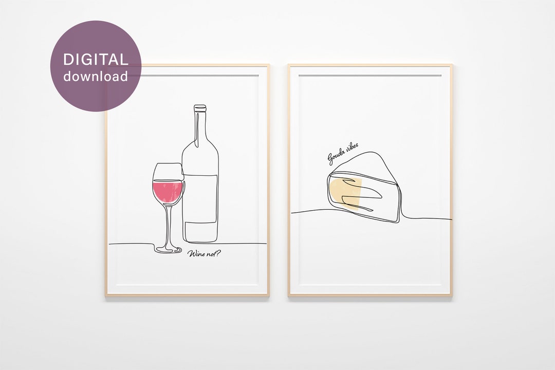 Set of 2 Wine One Line Drawing, Printable Kitchen Decor, Digital ...