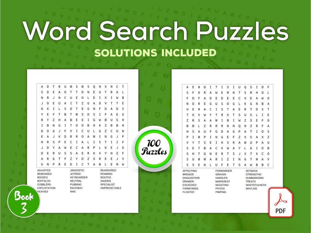 100 Word Search Puzzles With Solutions Book 3 Instant Digital Download ...