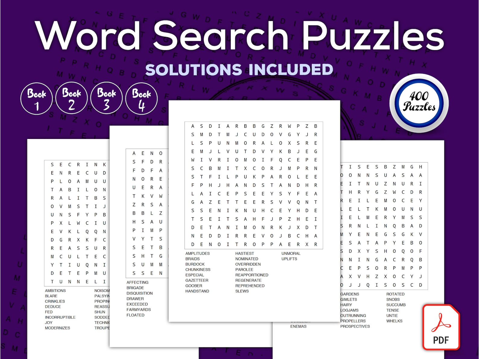 400 Word Search Puzzles With Solutions Books 1, 2, 3, 4 Instant Digital ...