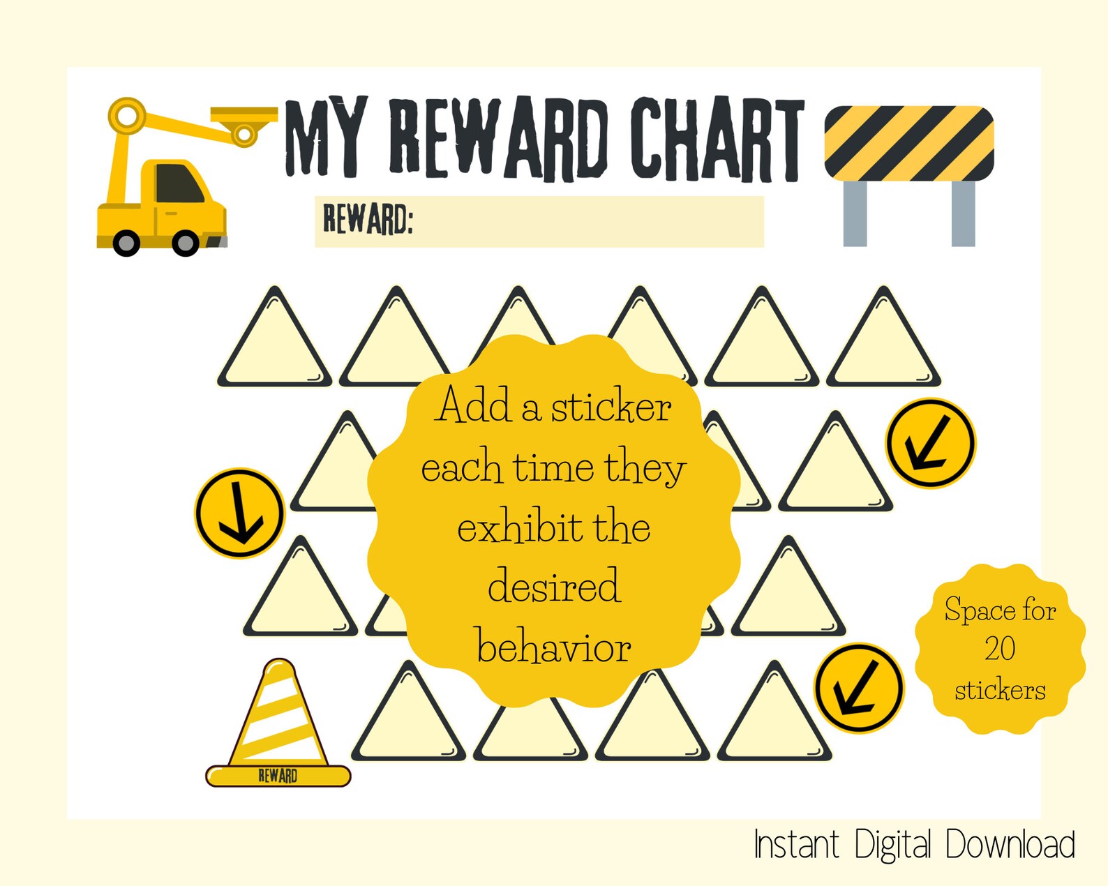 Printable Sticker Chart, Construction Reward Chart for Toddlers and ...