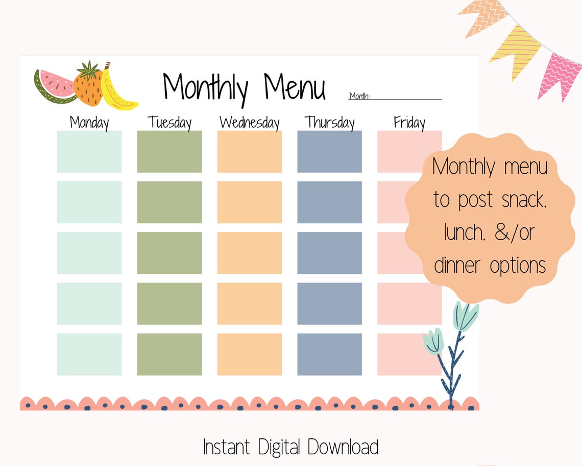 Printable Menu Bundle, Daycare/preschool Menu, Weekly Lunch Menu ...
