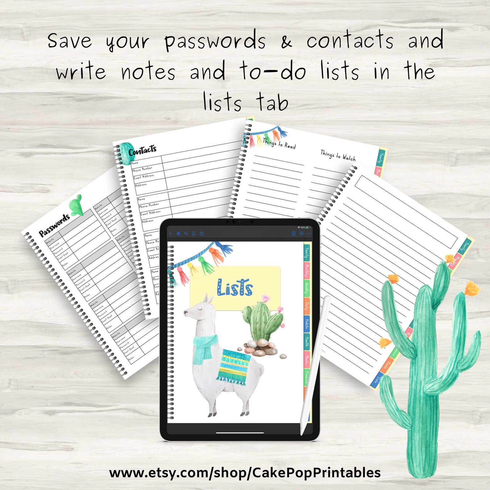 Undated Cactus Llama Digital Planner Yearly Monthly Weekly - Etsy