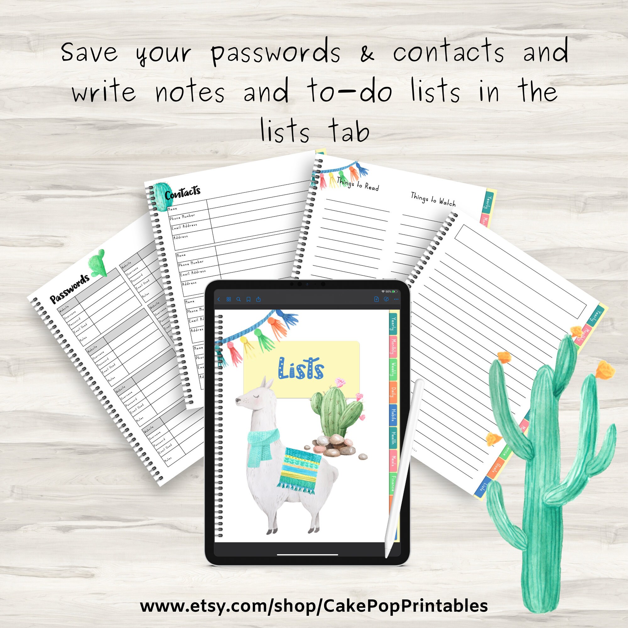 Undated Cactus Llama Digital Planner Yearly Monthly Weekly - Etsy