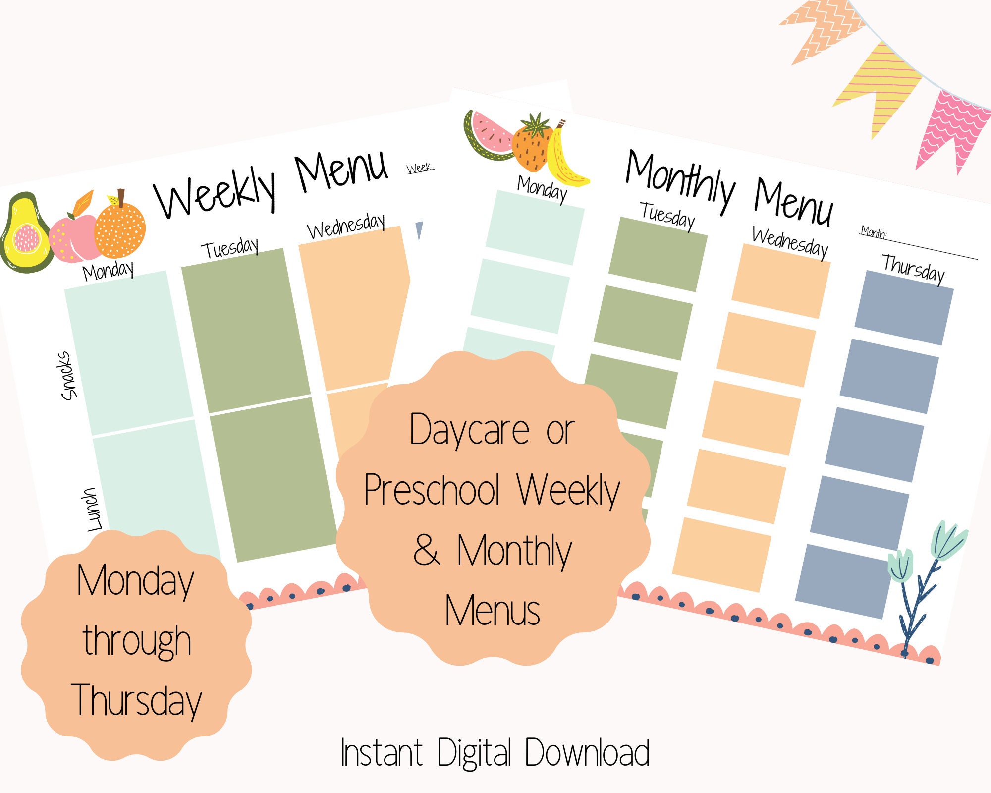 Printable Daycare Menu, Mon-thurs, Fruit/flower Theme, Preschool Menu ...