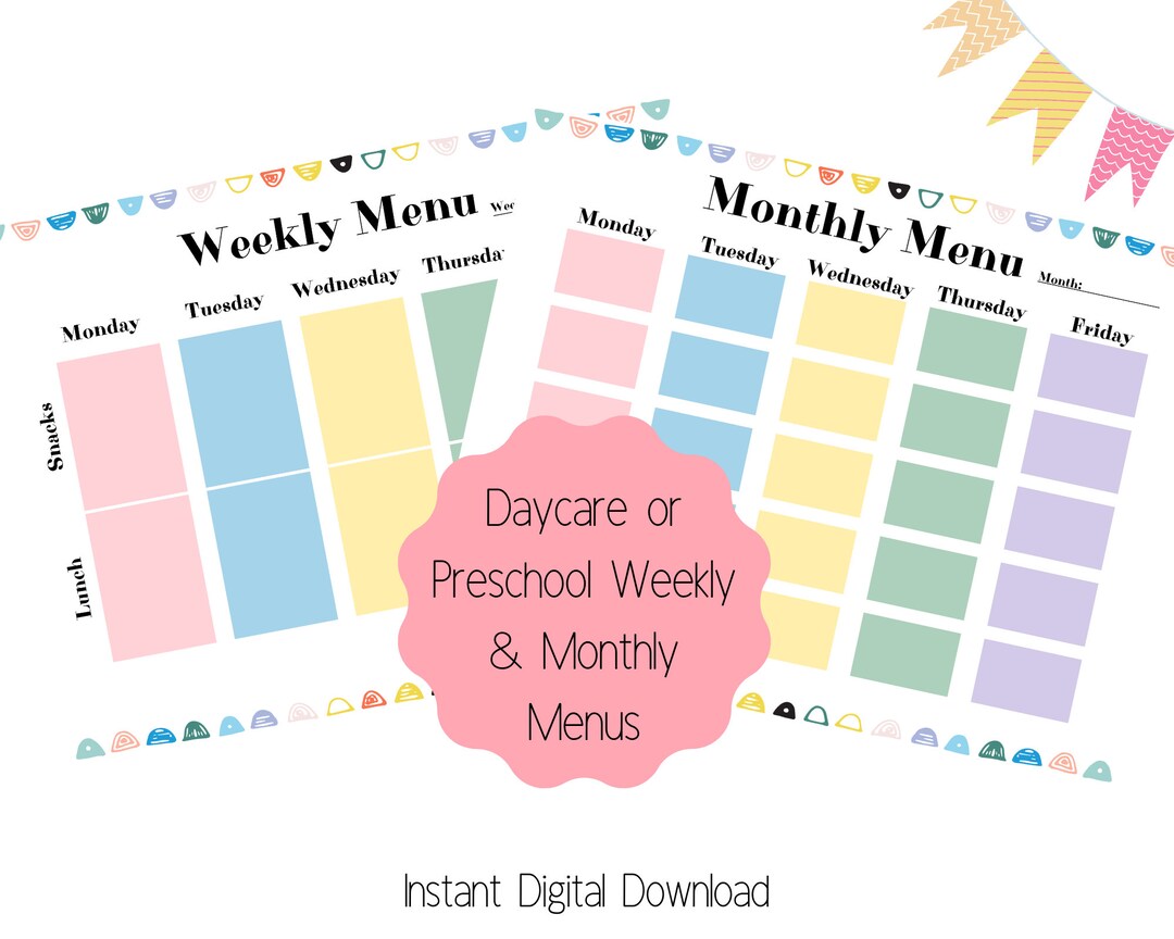 Daycare or Preschool Menu Printable, Weekly Snack & Lunch Menu Template ...