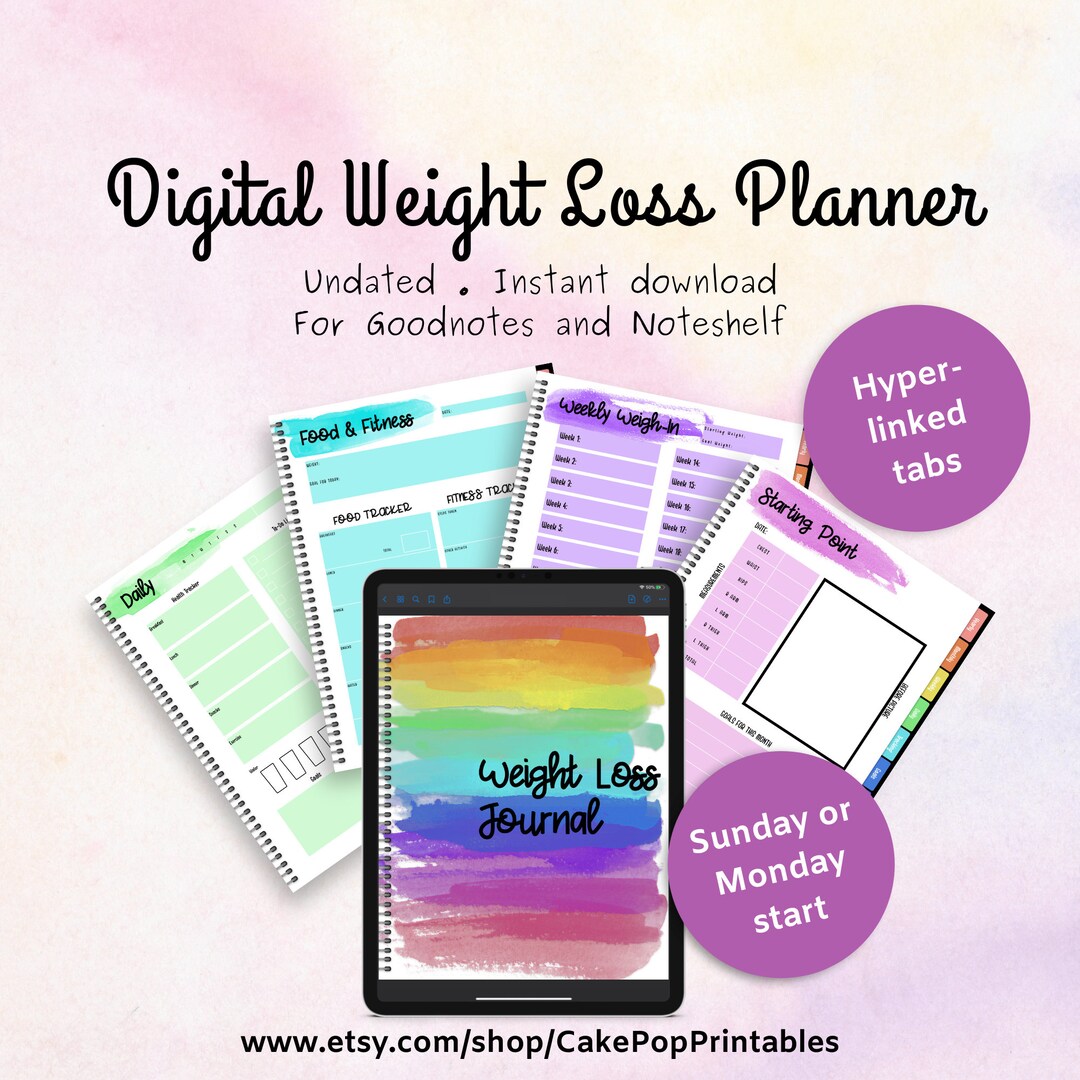 Digital Weight Loss Planner, Rainbow Watercolor Weight Loss Journal for ...