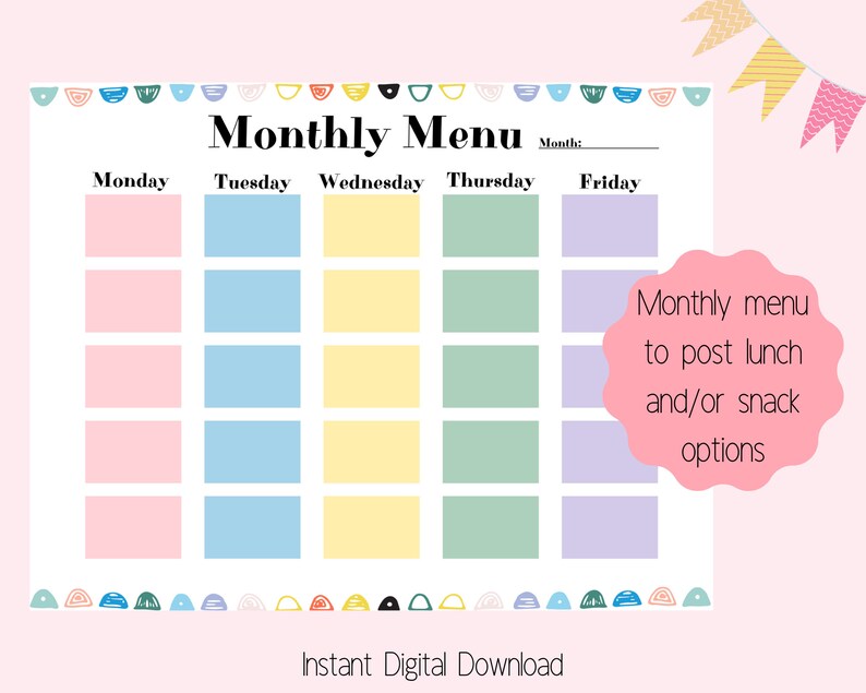 Printable School Lunch Menu, Weekly Lunch Menu Template, Monthly Lunch ...