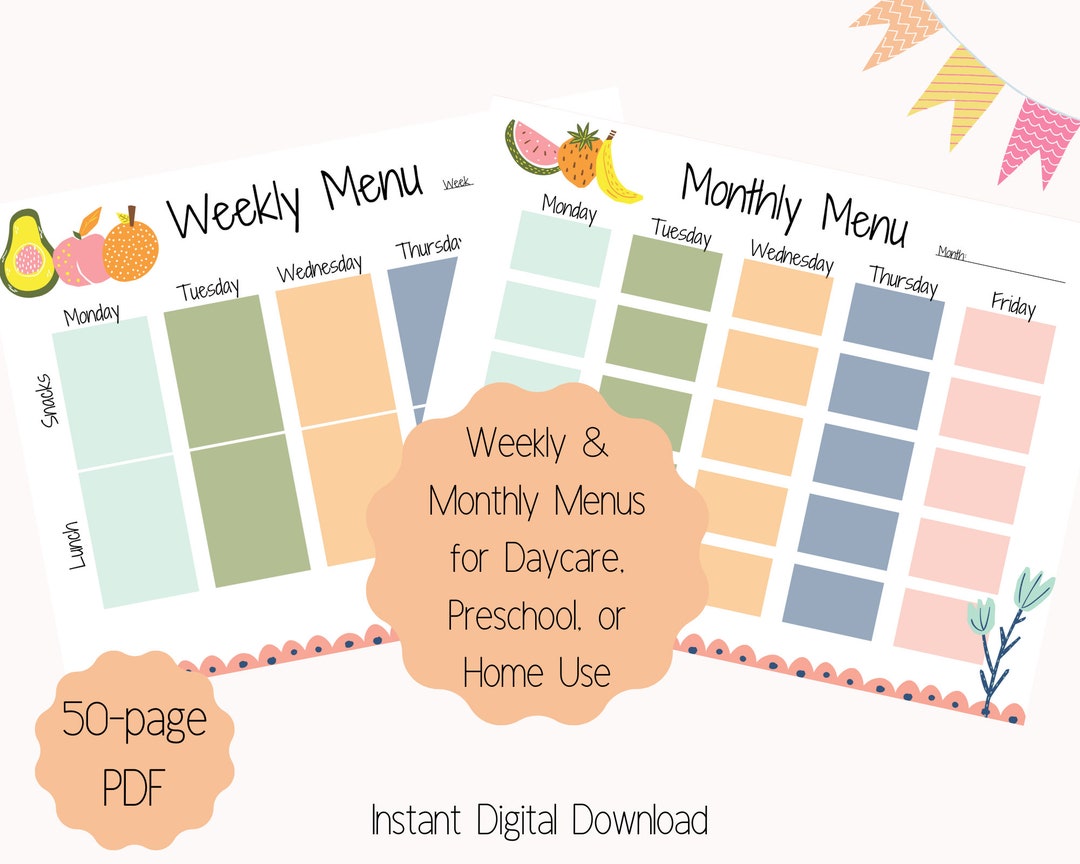 Printable Menu Bundle, Daycare/preschool Menu, Weekly Lunch Menu ...