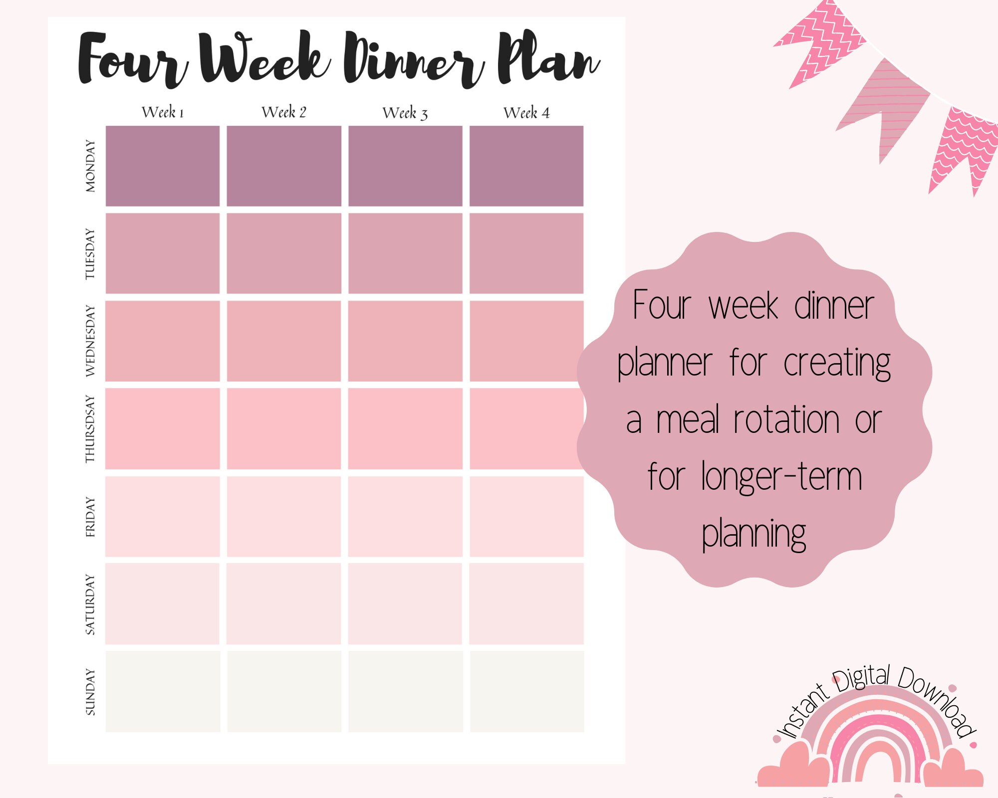 Pages imprimables de planification de repas rose, planificateur de menu ...