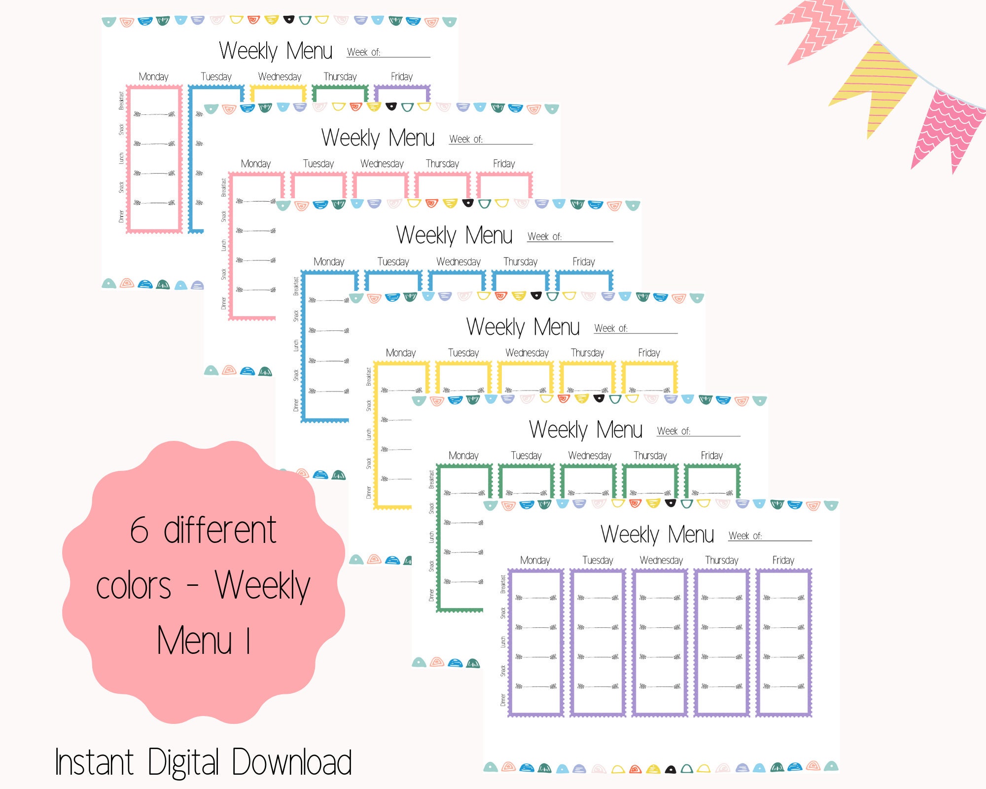 Printable Family Menu, Weekly Breakfast, Lunch, Dinner, Snack Meal Plan ...