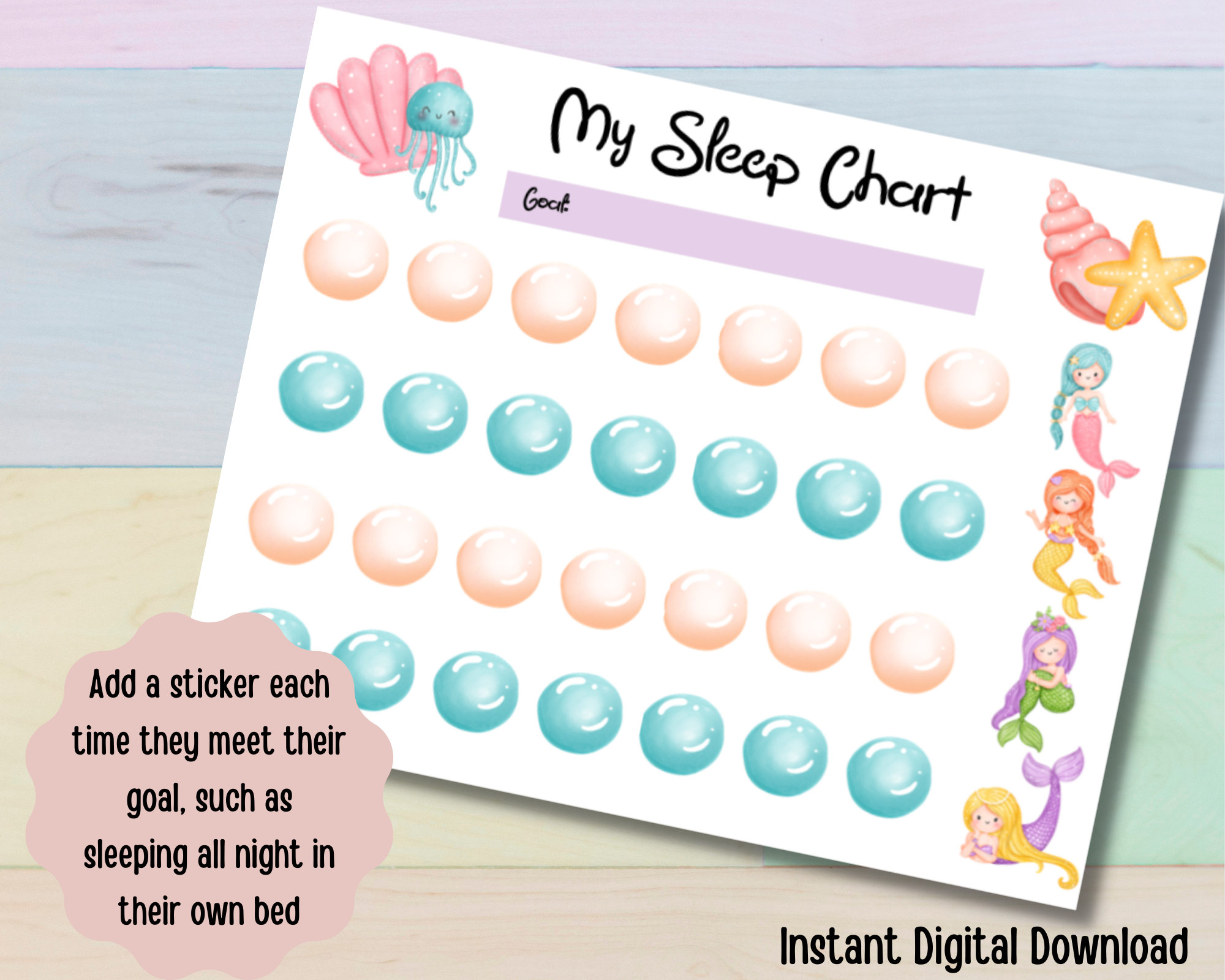 Mermaid Sleep Sticker Chart Printable, Reward Chart for Toddlers and ...