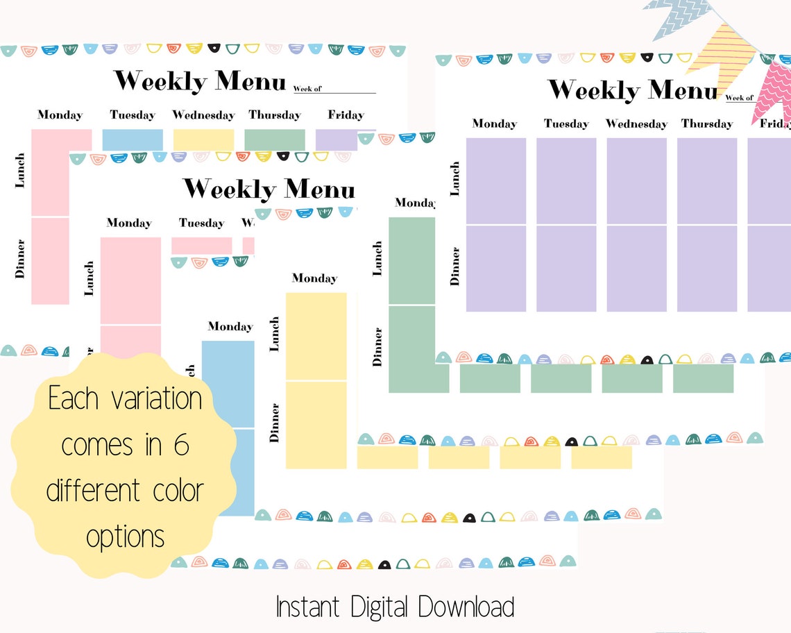 Printable Rainbow Menu Bundle, Daycare/preschool Menu, Weekly Lunch ...