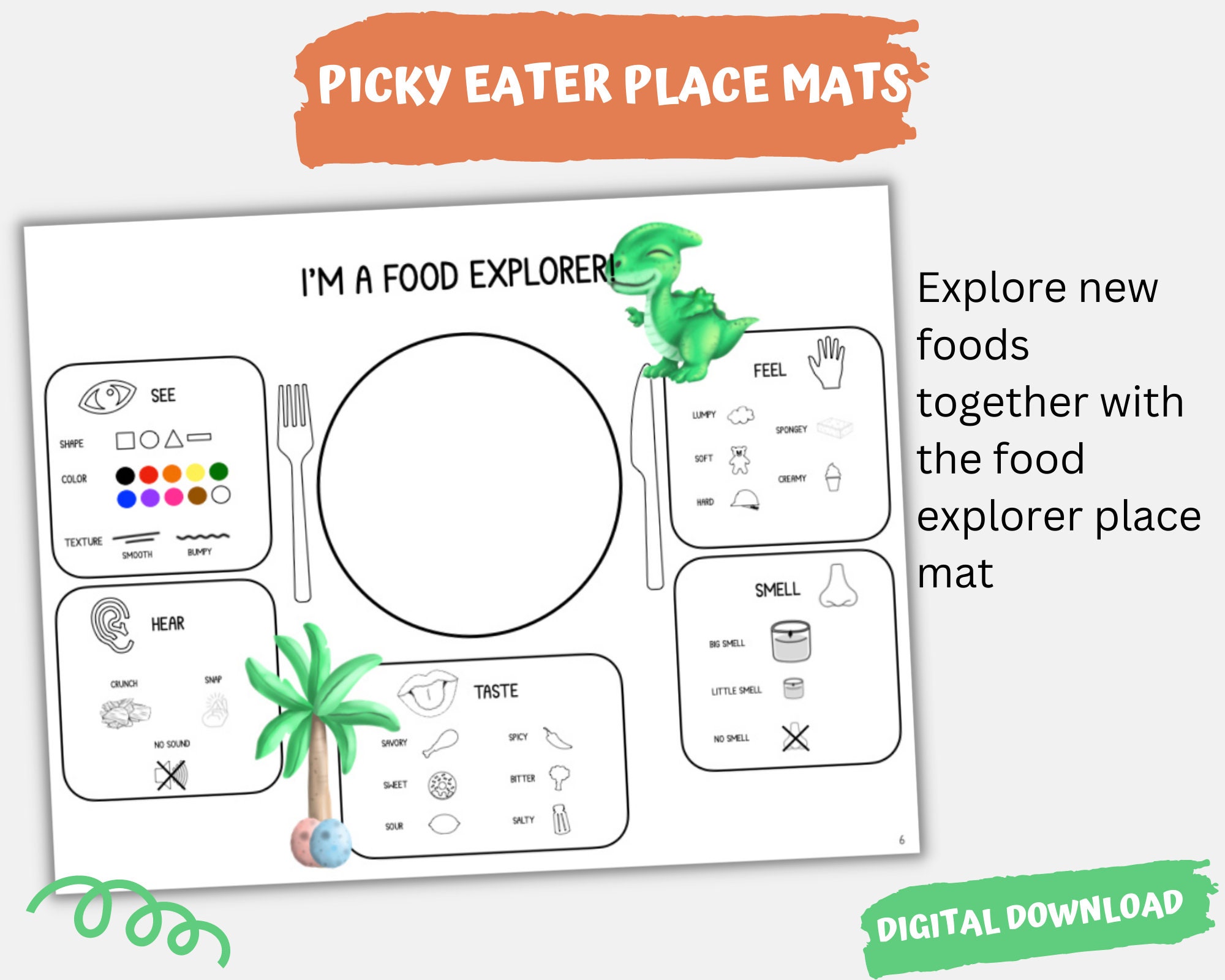 Printable Picky Eater Place Mats, Dinosaur Food Explorer Worksheet ...