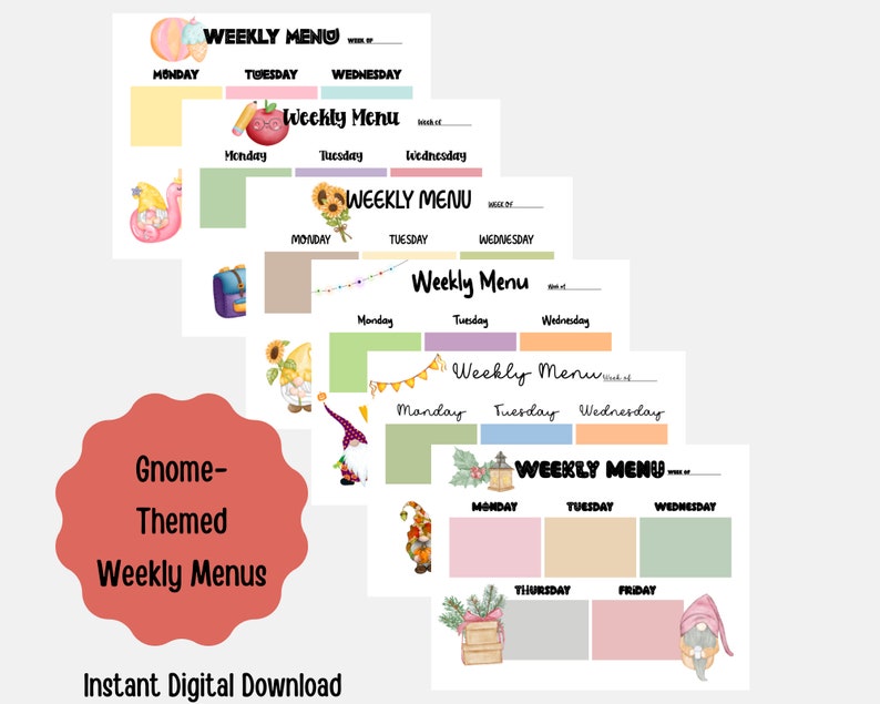 Full Year Weekly & Monthly Meal Planner Printables, Gnome-themed Menu ...