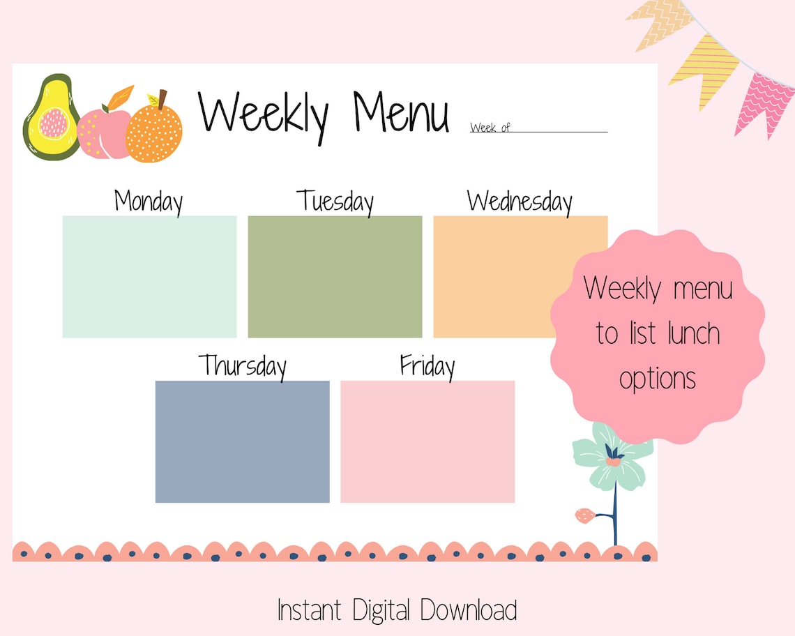 Printable Weekly & Monthly Lunch Menu, Colorful Template (digital ...