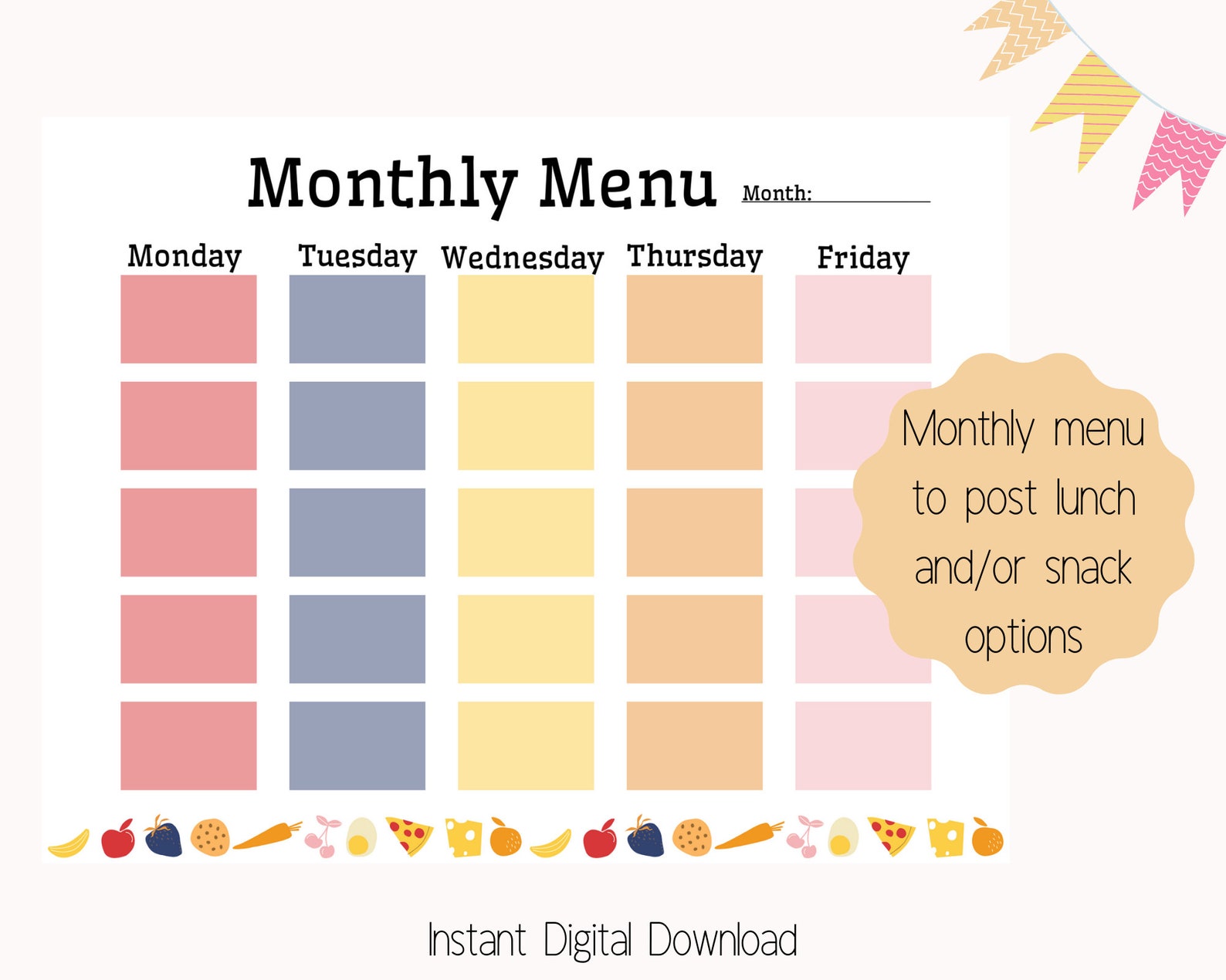 Printable Daycare/preschool Menu, Food Theme, Weekly Snack & Lunch Menu ...