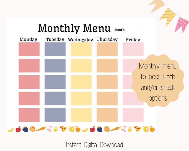 Printable Daycare/preschool Menu, Food Theme, Weekly Snack & Lunch Menu ...
