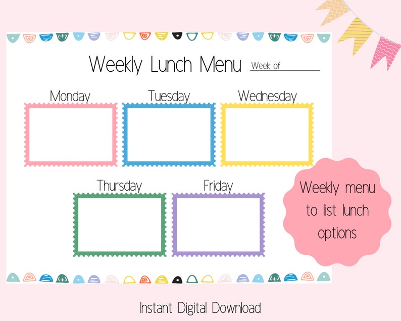 School Lunch Menu Printable, Weekly Lunch Menu Template, Monthly Lunch ...