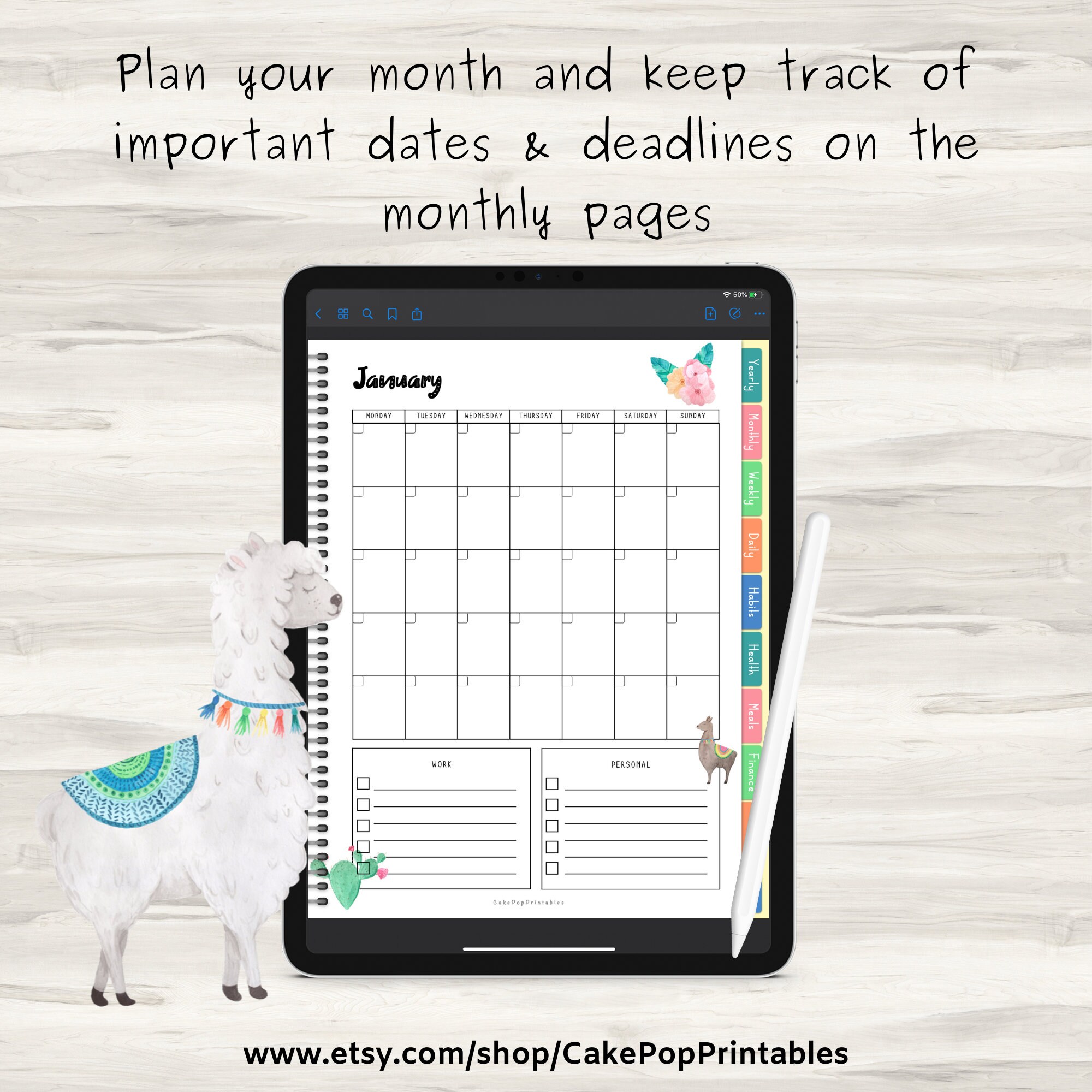 Undated Cactus Llama Digital Planner Yearly Monthly Weekly - Etsy