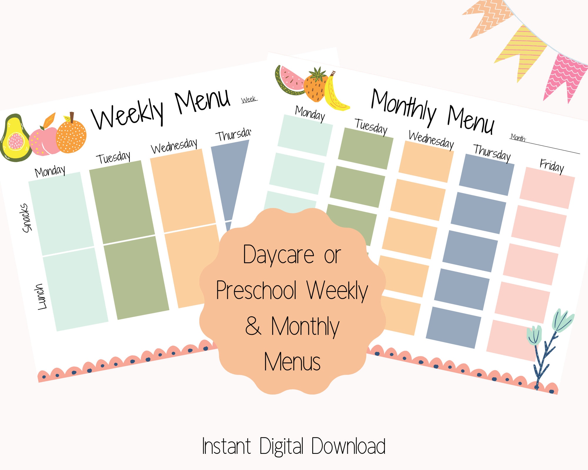 Printable Daycare Menu, Fruit/flower Theme, Preschool Menu, Weekly ...