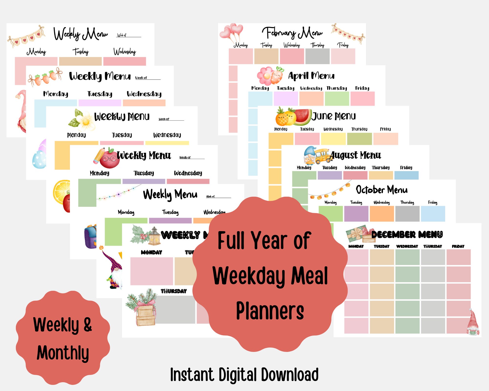 Full Year Weekly & Monthly Meal Planner Printables, Gnome-themed Menu ...