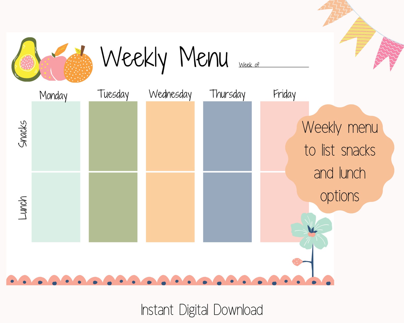Printable Daycare Menu, Fruit/flower Theme, Preschool Menu, Weekly ...