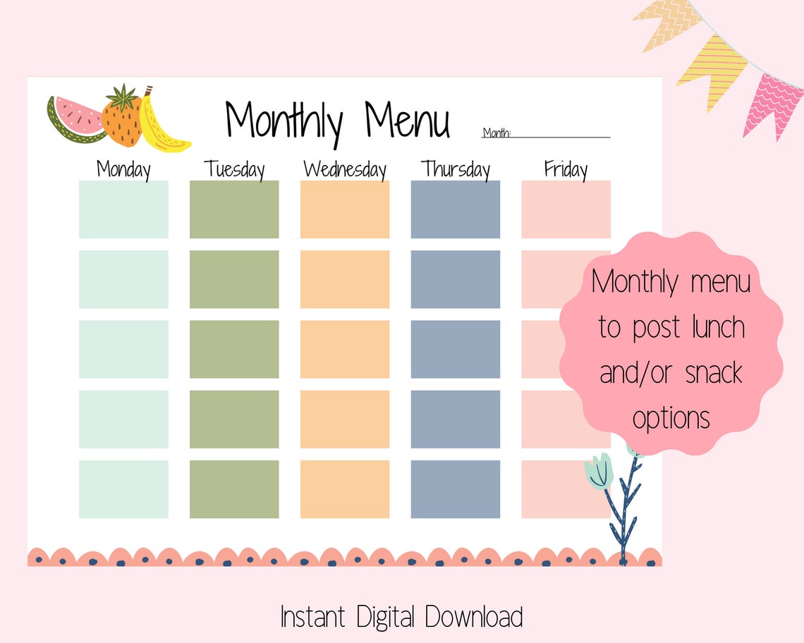 School Lunch Menu Printable, Weekly Lunch Menu Template, Monthly Lunch ...