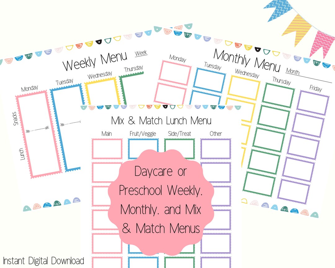 Printable Daycare or Preschool Menu, Weekly Snack & Lunch Menu, Monthly ...