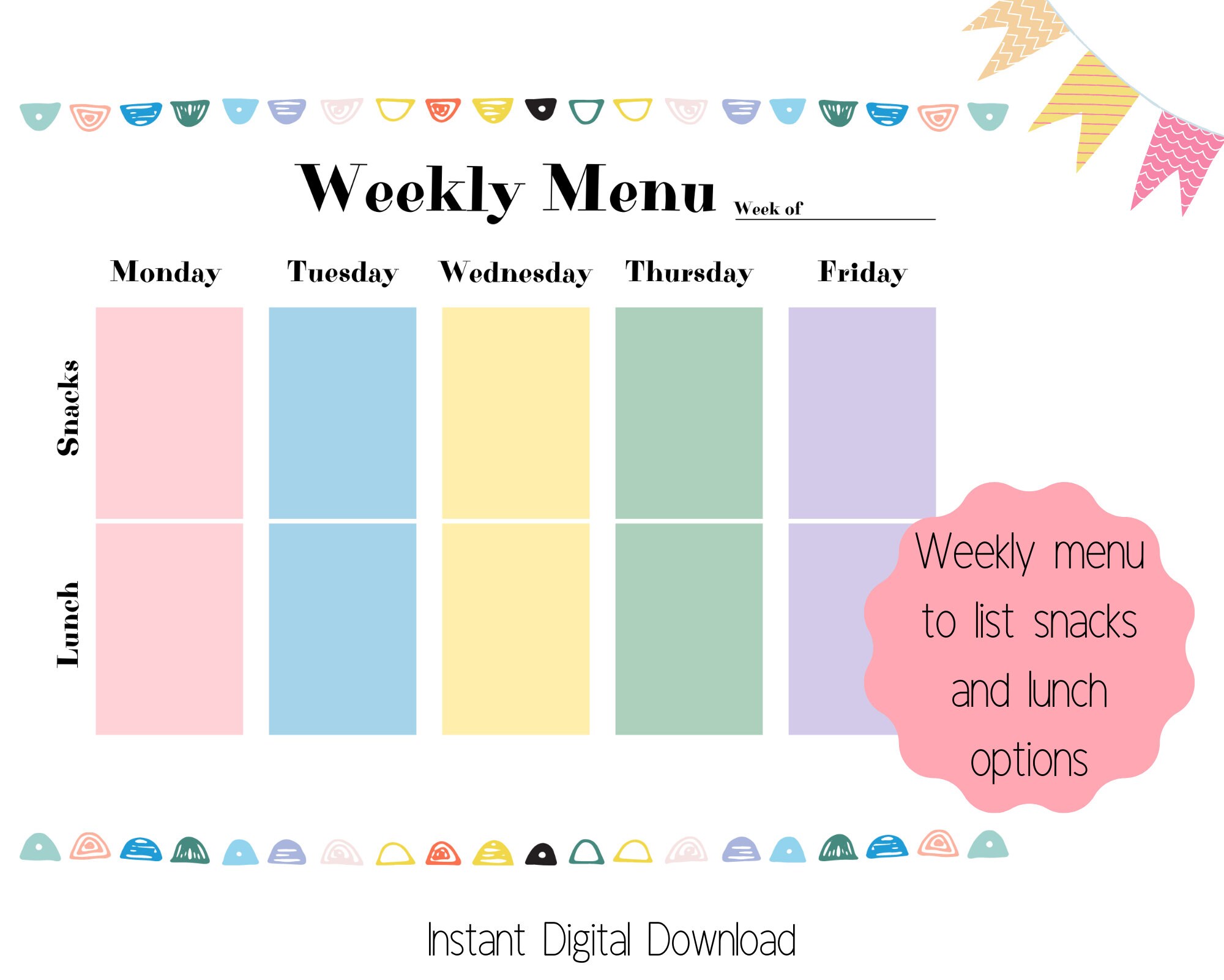Daycare or Preschool Menu Printable, Weekly Snack & Lunch Menu Template ...