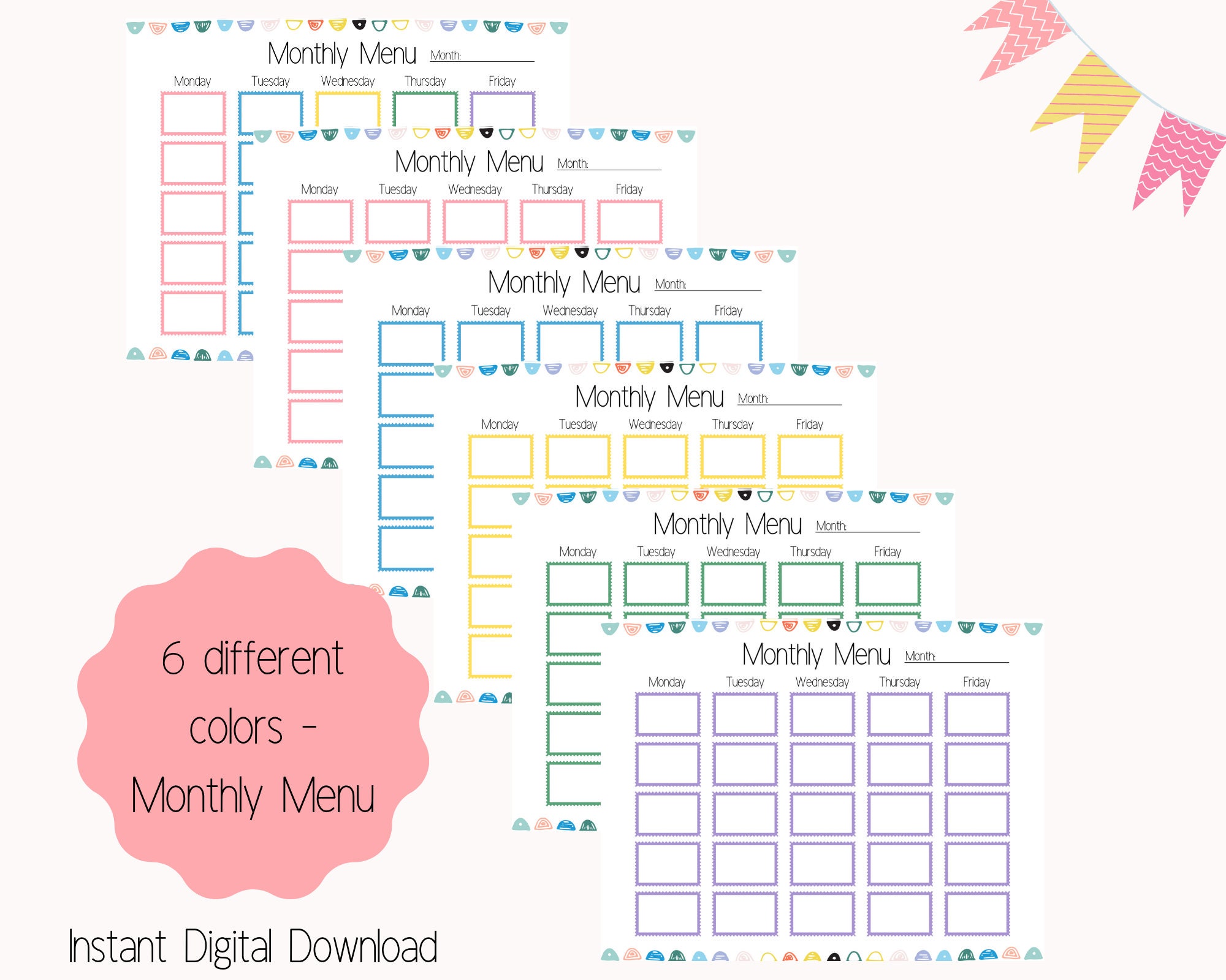 Printable Family Menu, Weekly Breakfast, Lunch, Dinner, Snack Meal Plan ...