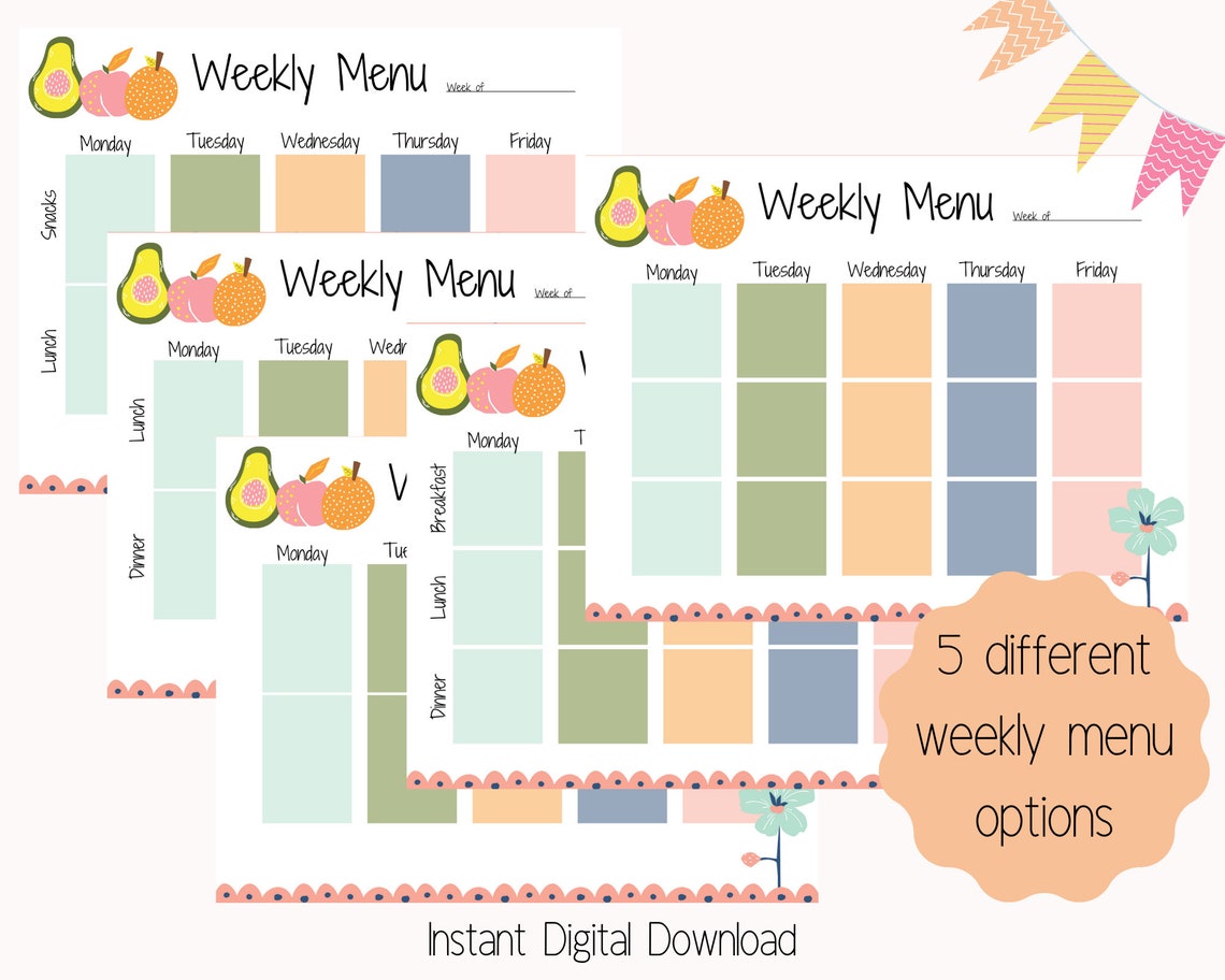 Printable Menu Bundle, Daycare/preschool Menu, Weekly Lunch Menu ...