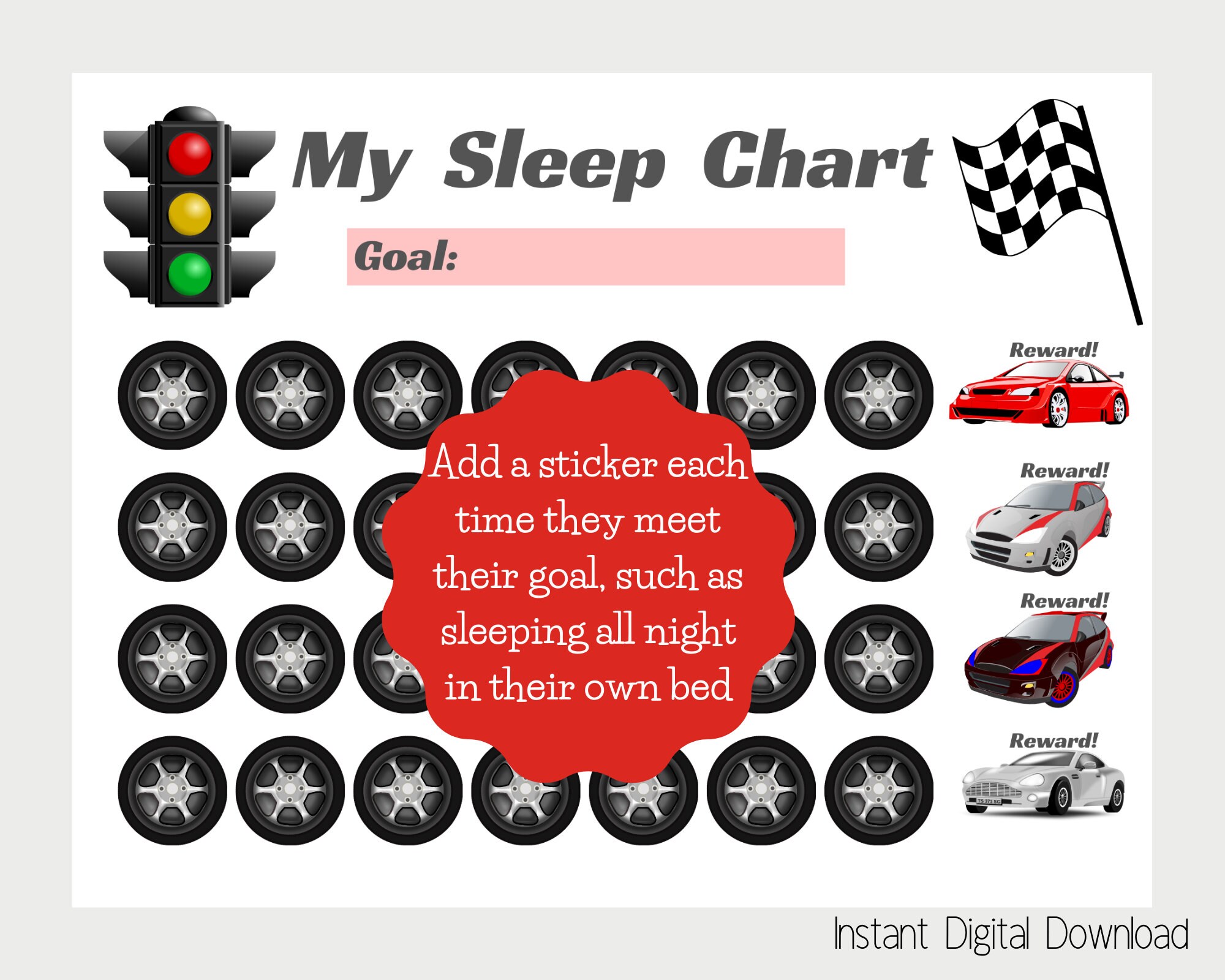 Printable Sleep Sticker Chart, Car Racing Reward Chart for Toddlers and ...