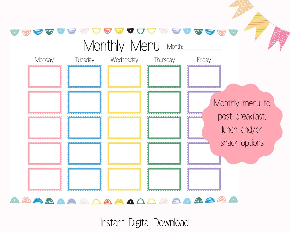 Printable Daycare or Preschool Menu, Weekly Snack & Lunch Menu, Monthly ...