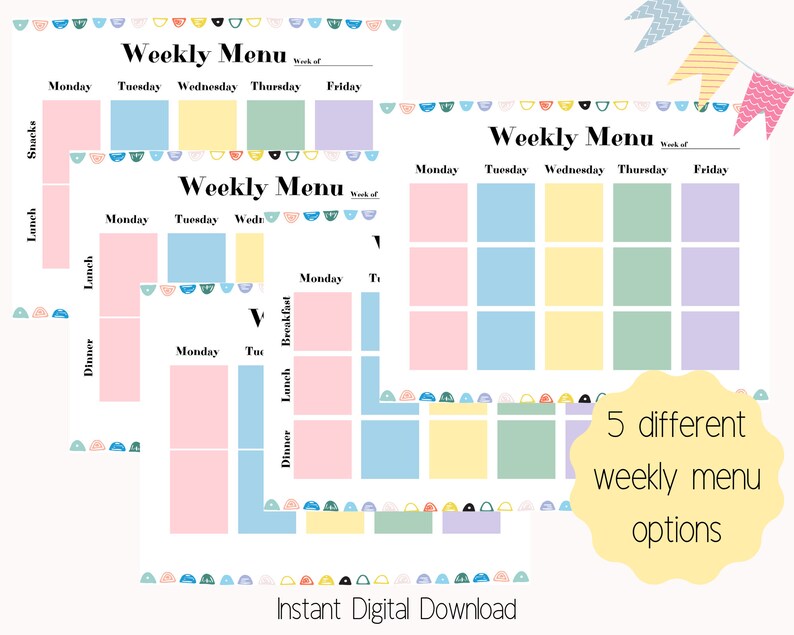 Printable Rainbow Menu Bundle, Daycare/preschool Menu, Weekly Lunch ...