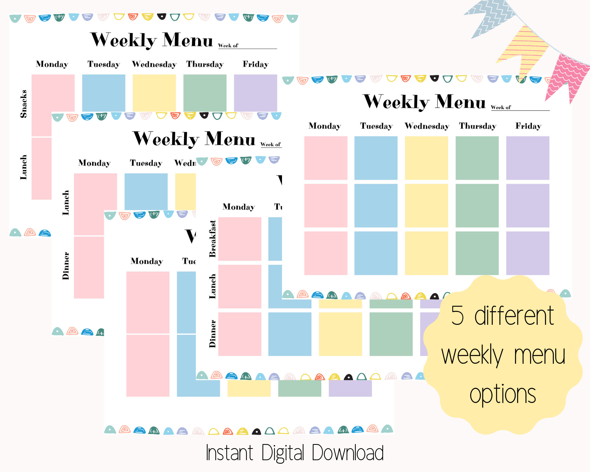 Printable Rainbow Menu Bundle, Daycare/preschool Menu, Weekly Lunch ...