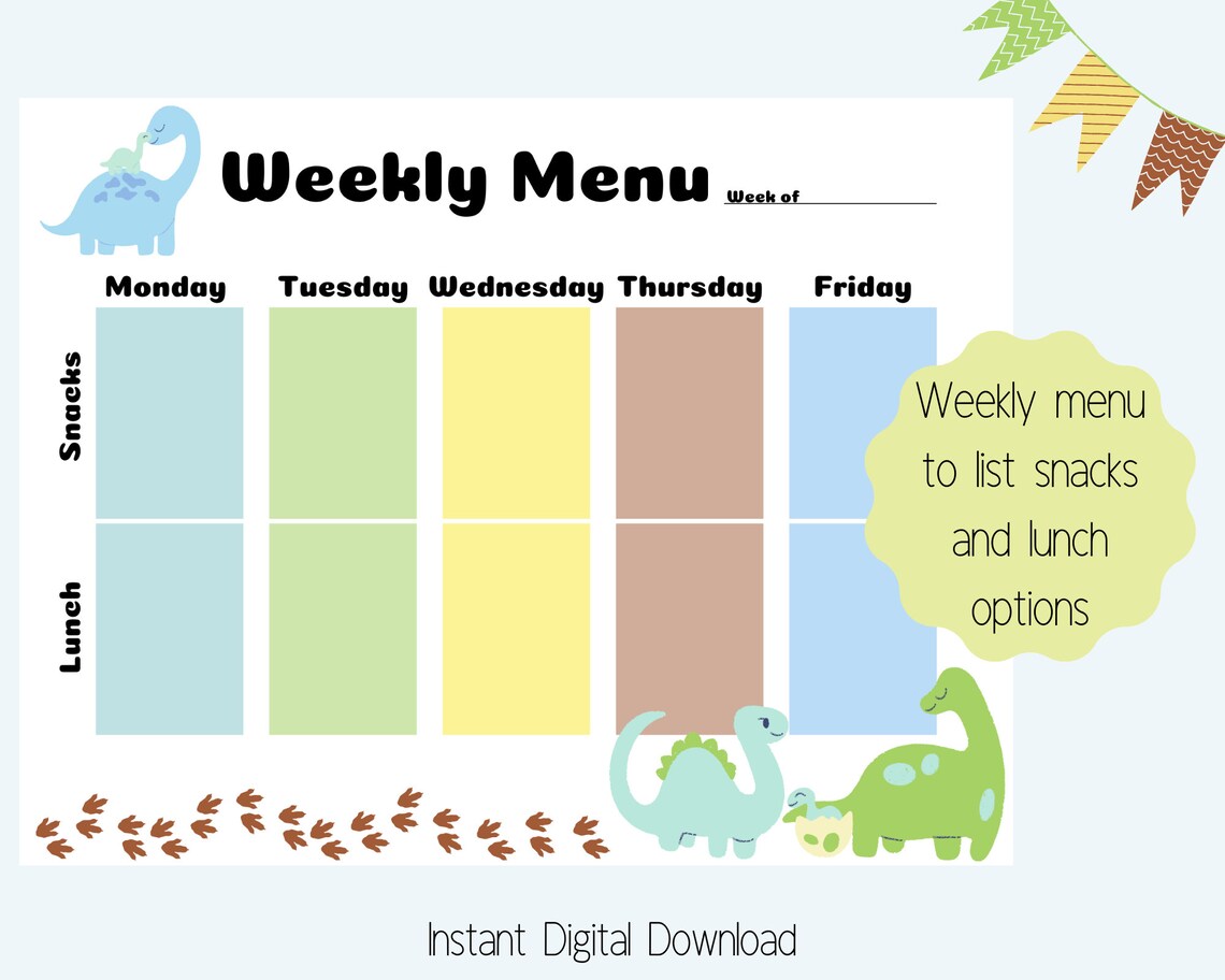 Daycare and Preschool Menu Printable Dinosaur Weekly Snack & - Etsy