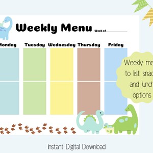 Daycare and Preschool Menu Printable, Dinosaur, Weekly Snack & Lunch ...