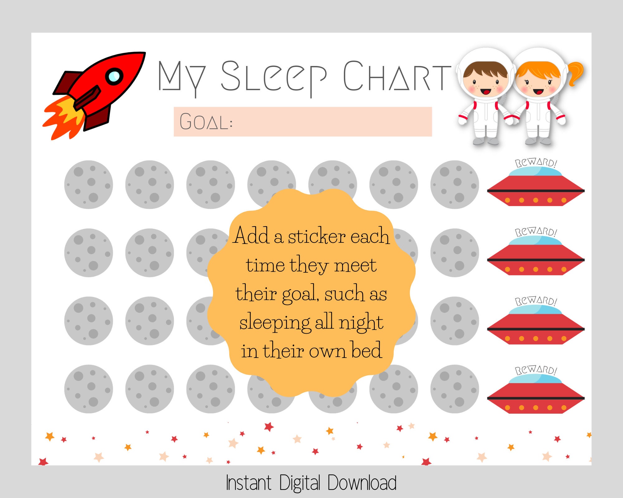 Printable Space Sleep Sticker Chart, Reward Chart for Toddlers and ...