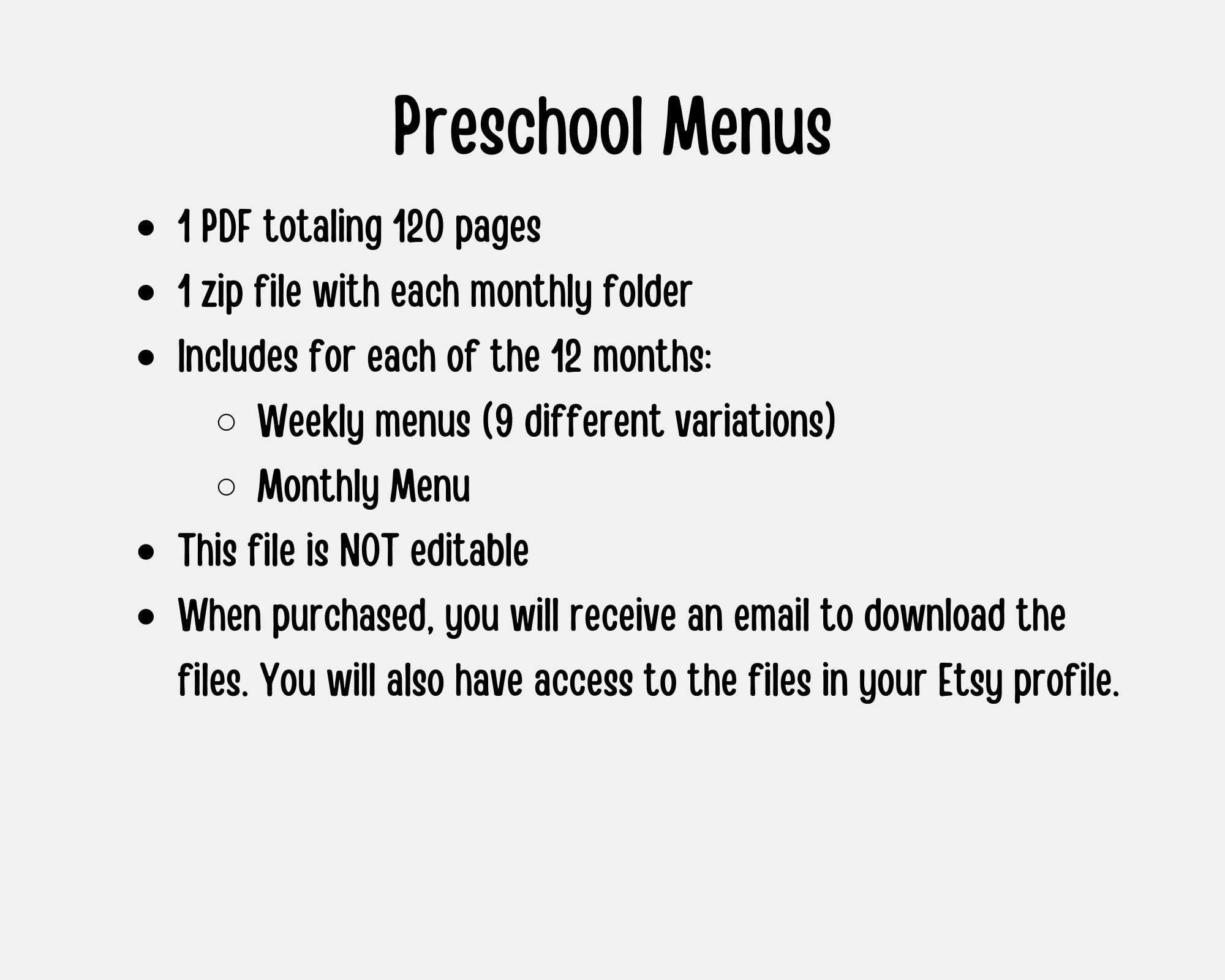 Printable Weekly & Monthly Childcare and Preschool Menus, Seasonal Meal ...