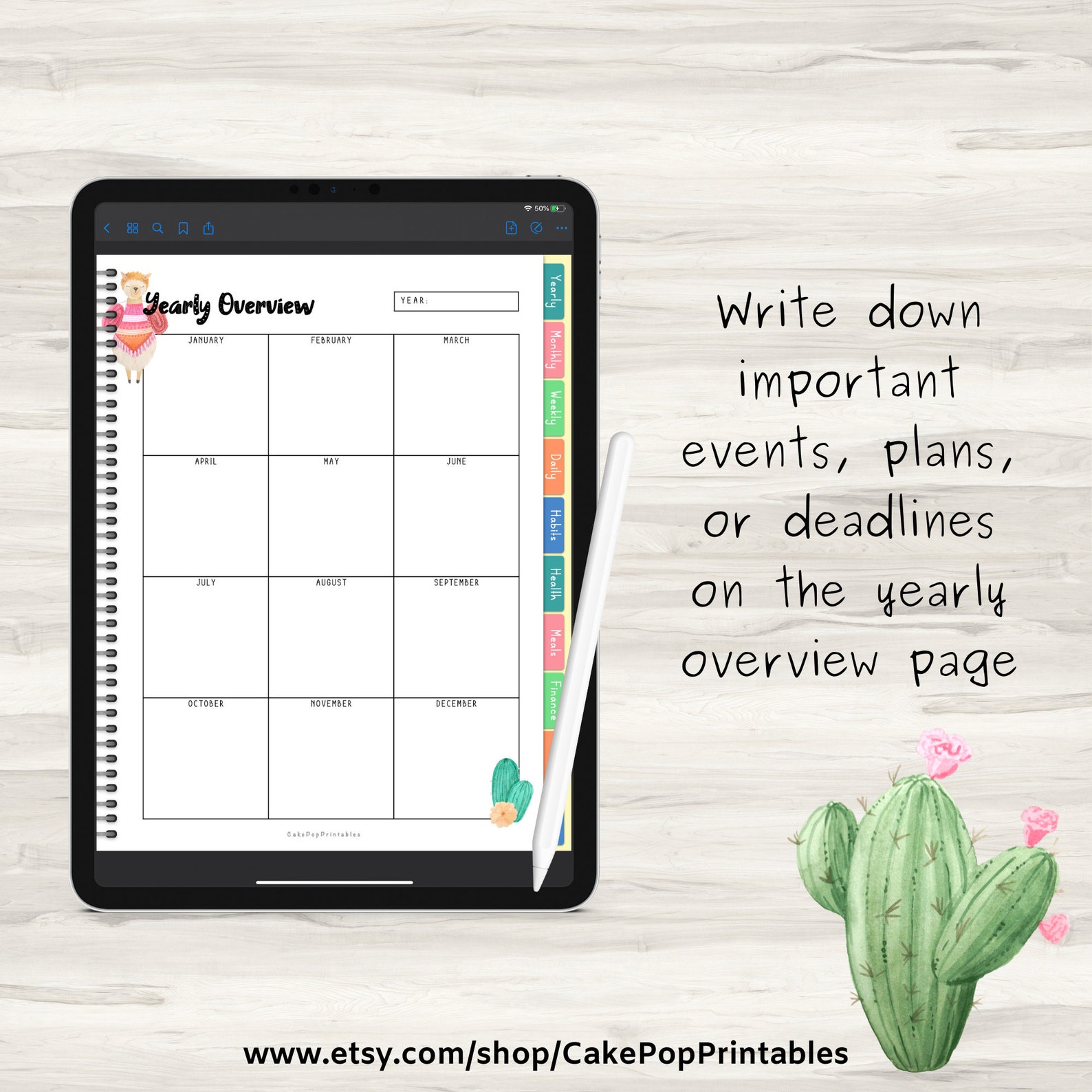 Undated Cactus Llama Digital Planner Yearly Monthly Weekly - Etsy