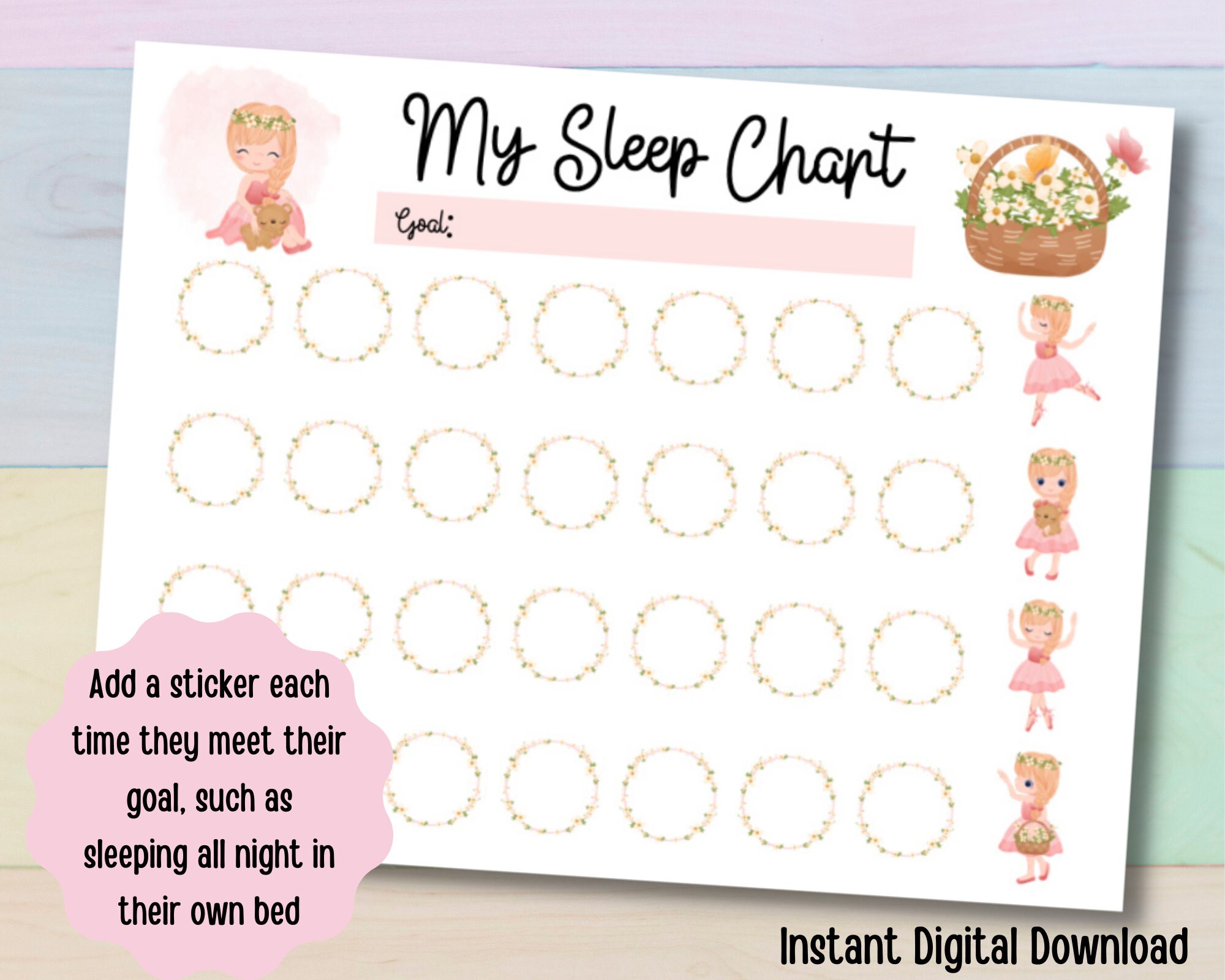 Sleep Sticker Chart Printable, Pink Ballerina and Flowers Reward Chart ...