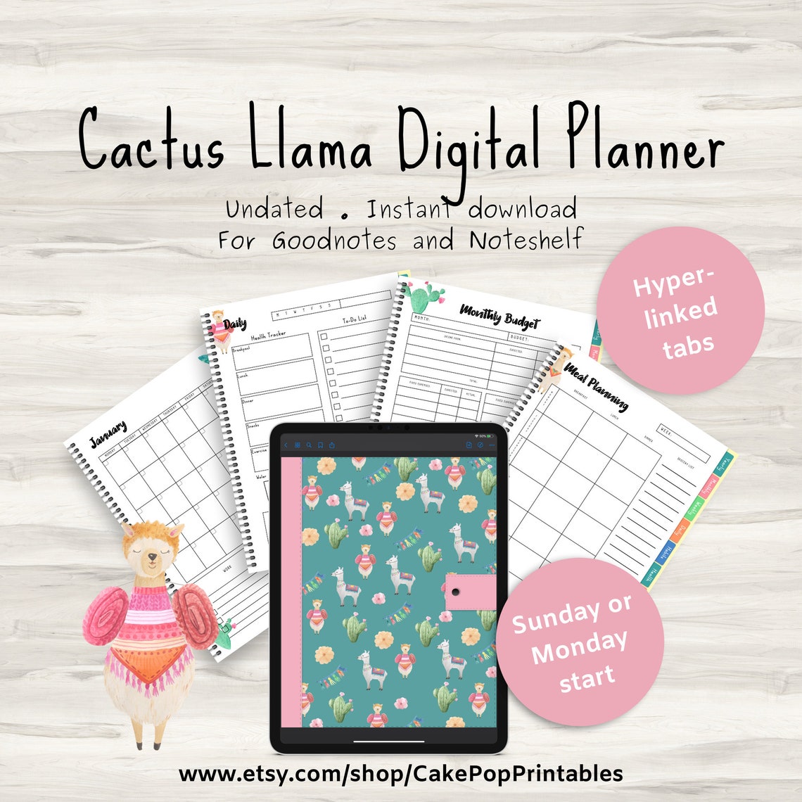 Undated Cactus Llama Digital Planner Yearly Monthly Weekly - Etsy